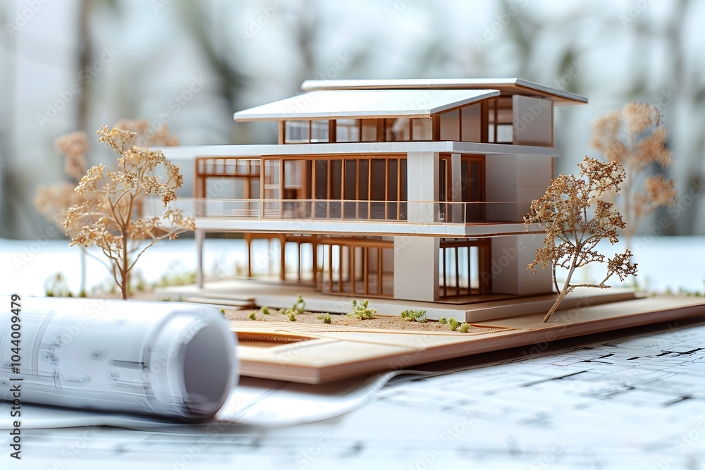 Architectural Model of a Modern House on a Table with Blueprint Roll ...