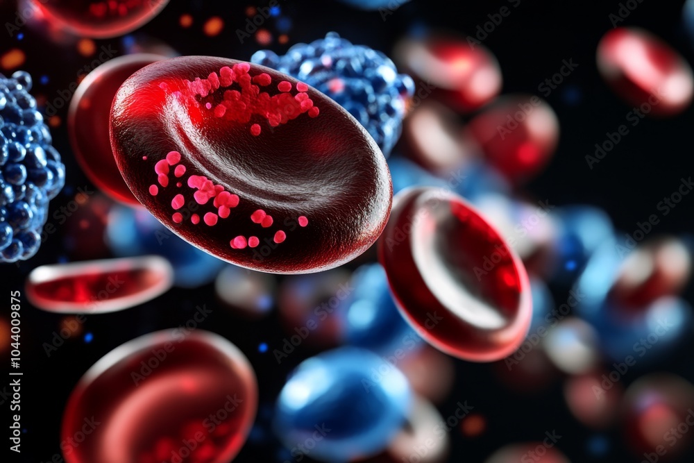 Stained blood smear showing platelets and white blood cells, with ...