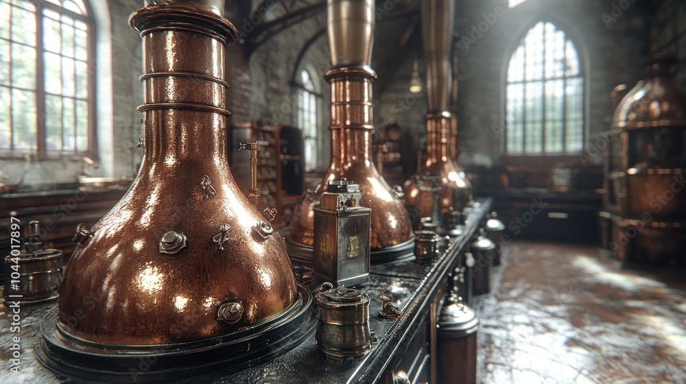 Copper stills in a historic distillery with wood beams and large ...