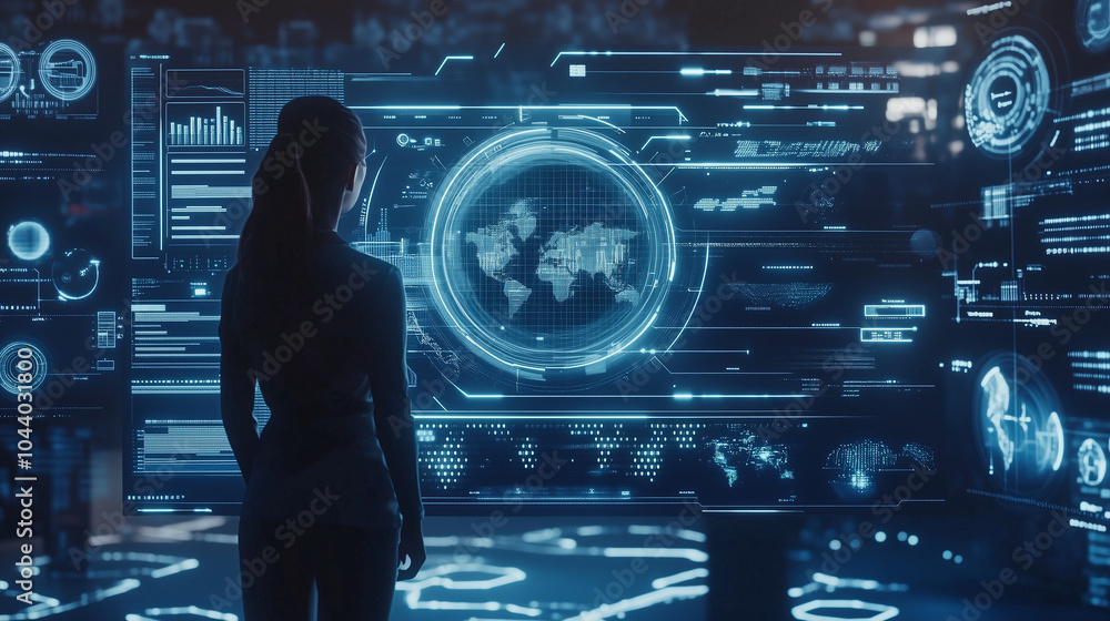 Futuristic Digital Interface Visualizing Modern Data Screen Global Indicators, Data Streams, and ...