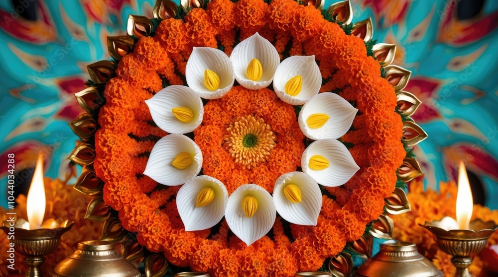 Mandala of marigolds and lotuses for Diwali, with traditional symbols ...