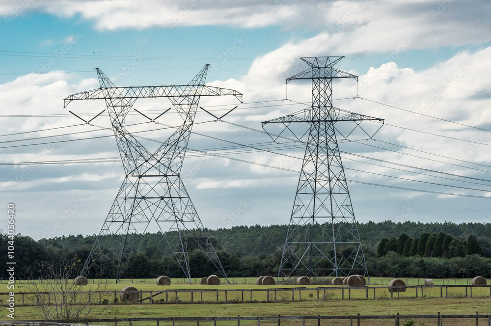Overhead electric power transmission lines and stanchions Stock Photo ...