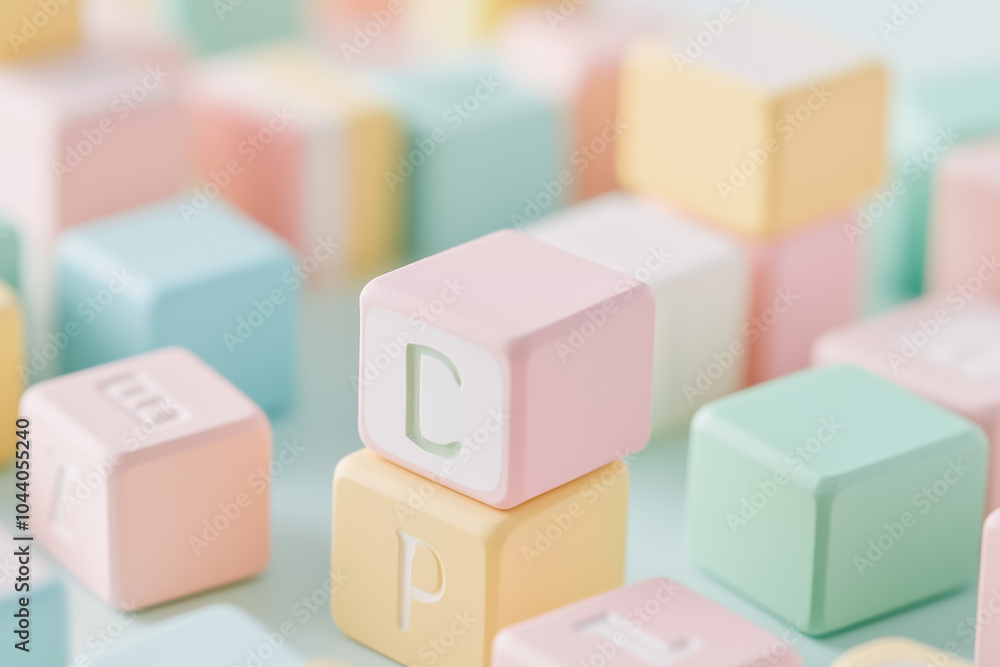 Pastel-colored alphabet blocks are playfully stacked and arranged on a ...