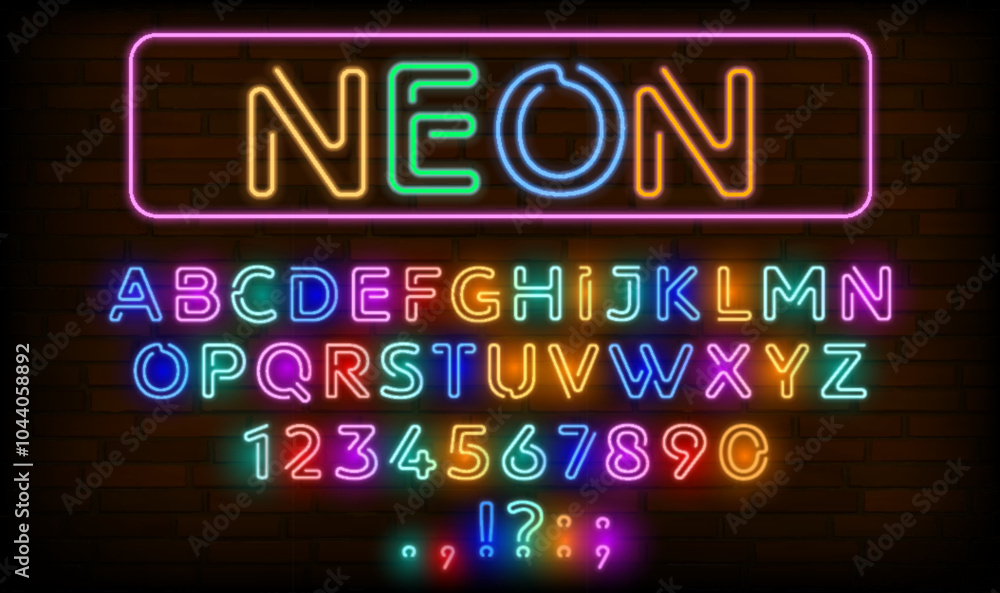 Neon sign font, glow light typeface, show fluorescent type, shine ...