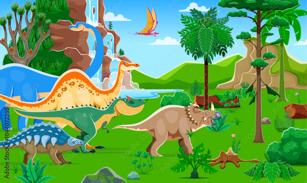 Prehistoric dinosaurs of Jurassic era on dino park landscape, vector ...