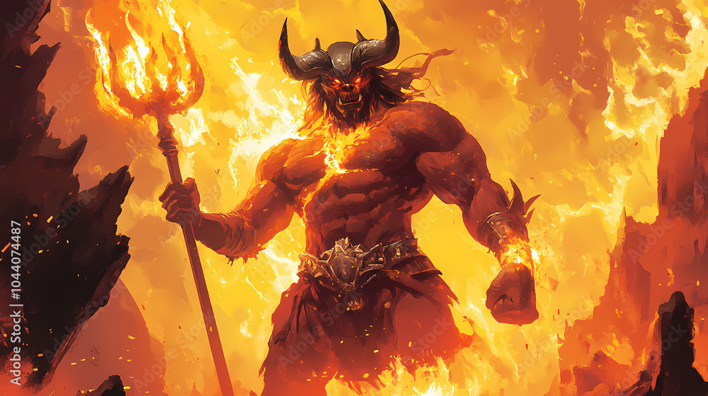 A muscular devil with flaming horns, clutching a burning trident and ...