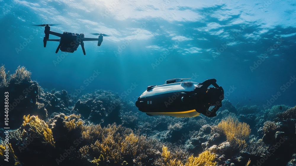 Underwater exploration drones mapping coral reefs, marine research ...