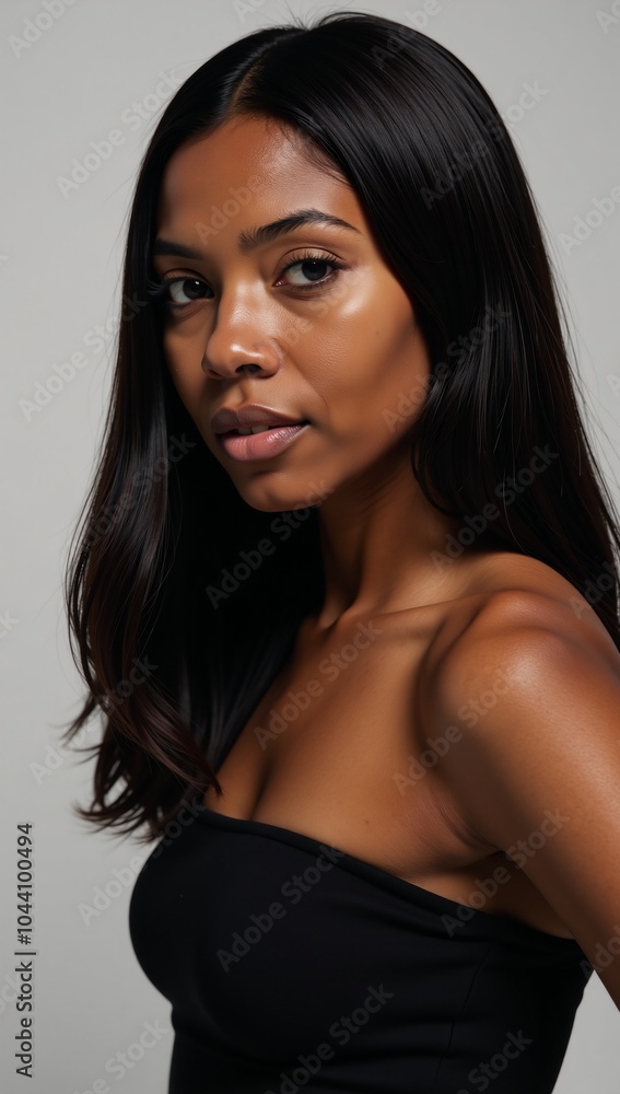 African-American fashion model portrait featuring straight black hair ...