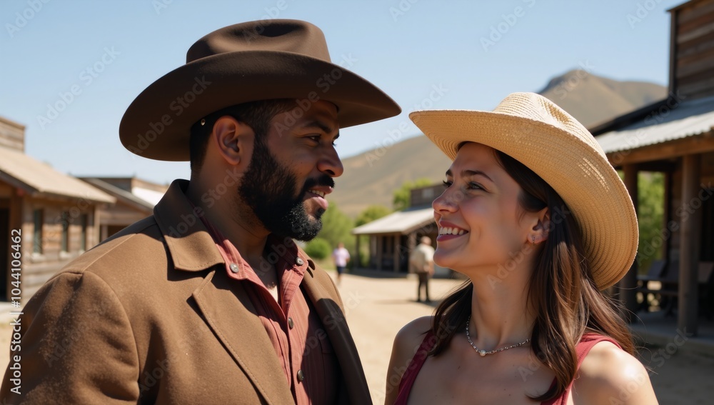 African-American cowboy flirts with cowgirl in straw hat within a ...