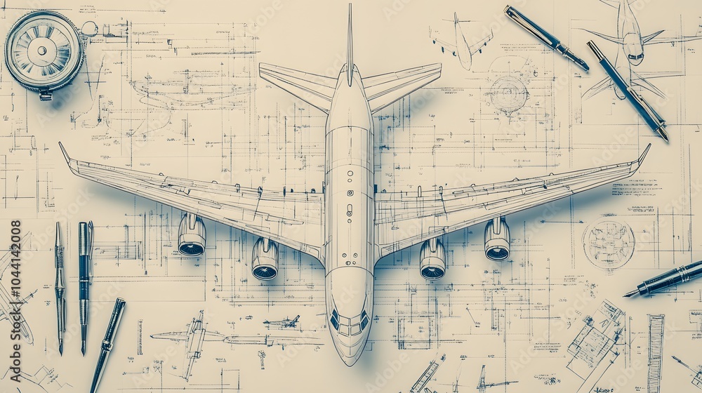 birdeye view photo of a areoplane engineer's desk with blueprints of a ...