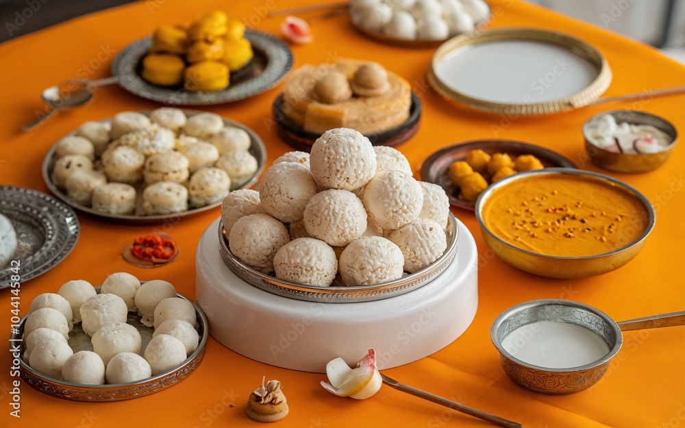 A spread of traditional Indian sweets and desserts, including laddu ...