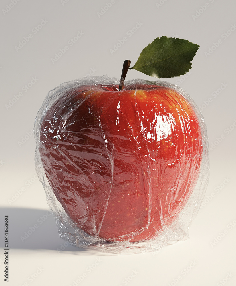 an apple wrapped in soft plastic, representing the overuse of plastic ...