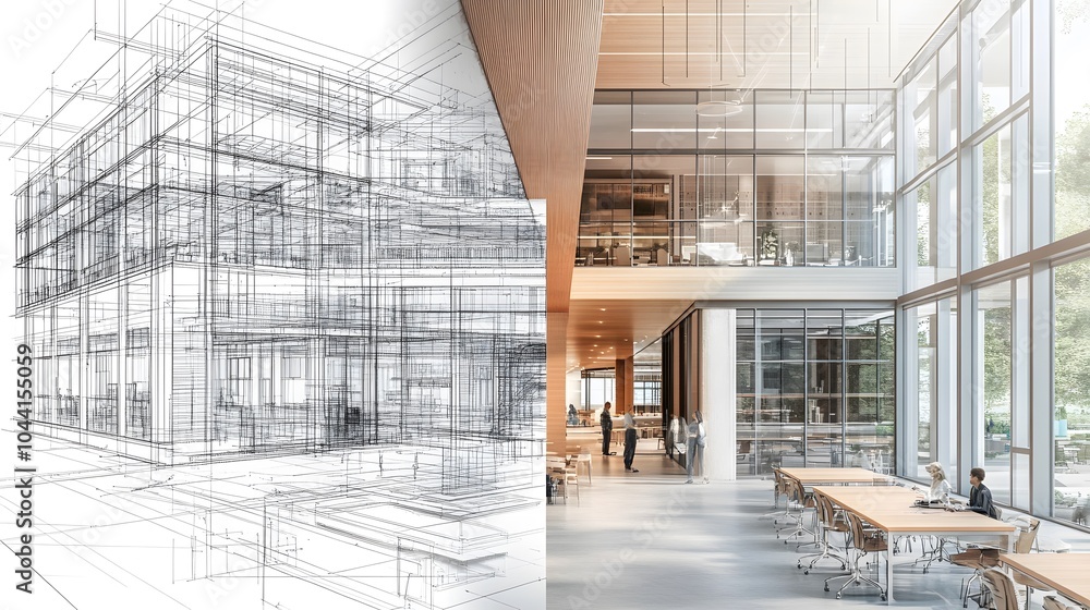 the left half displays architectural blueprints in classic drafting ...