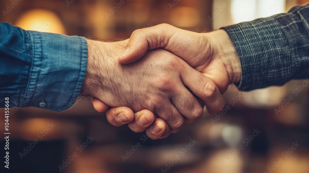 Two individuals engage in a firm handshake in a warm indoor setting ...