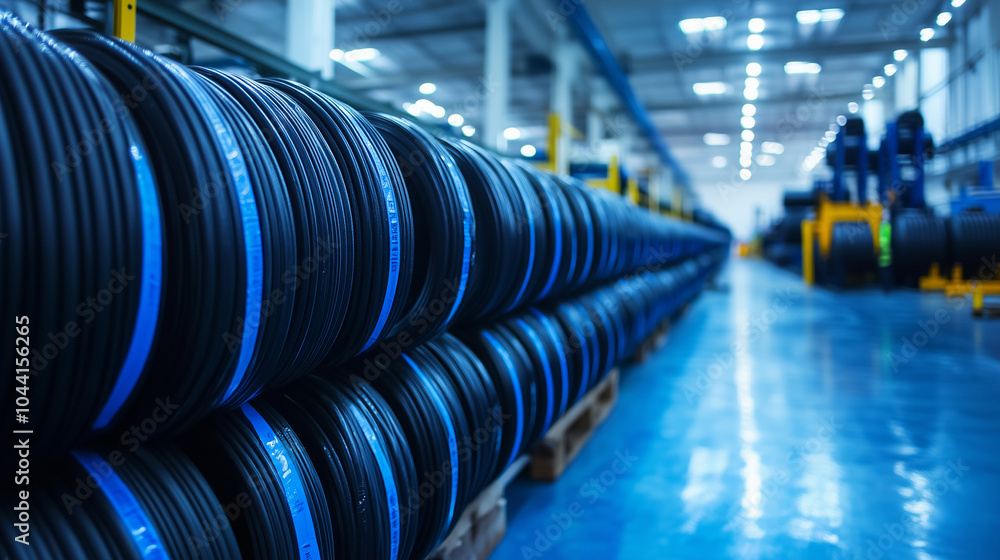 Massive coils of polyethylene pipes with blue markings stored in a PE ...
