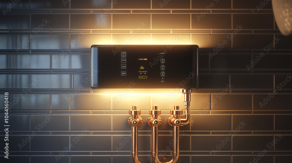A gas boiler prominently installed on a tiled bathroom wall, with an ...