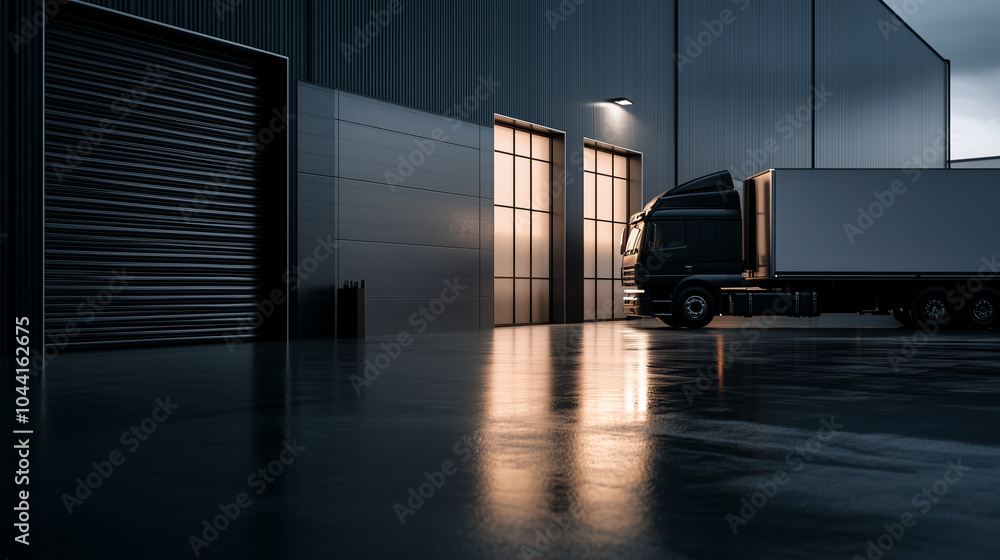 A large industrial roller shutter door on a modern warehouse, standing ...