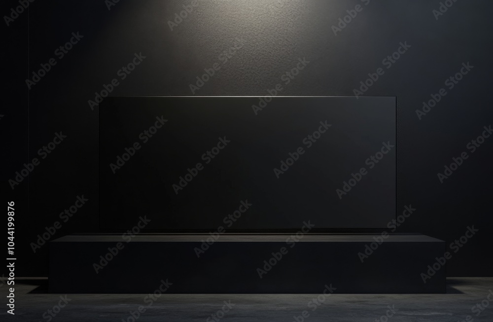 Black roll-up banner illuminated by studio lights on an empty ...