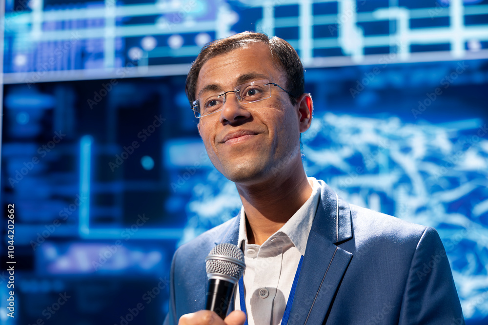 Speaker talking at tech conference, exploring latest AI technology ...