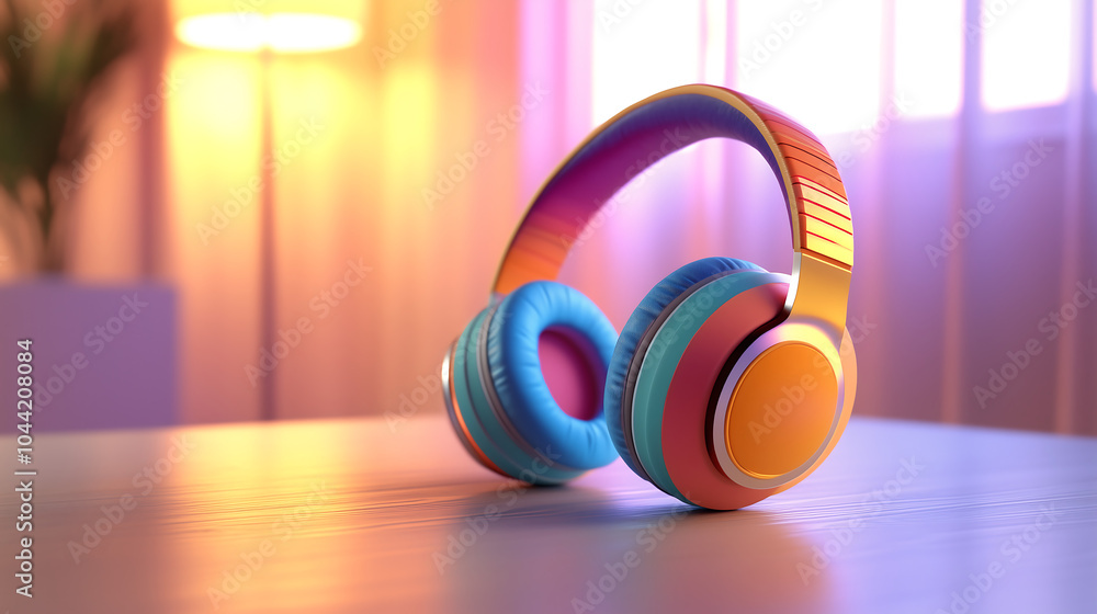 Colorful headphones placed on a table. The design of the headphones is ...