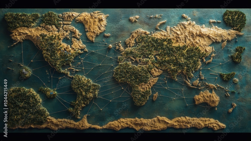 A 3D-rendered world map with lines linking key financial centers and ...