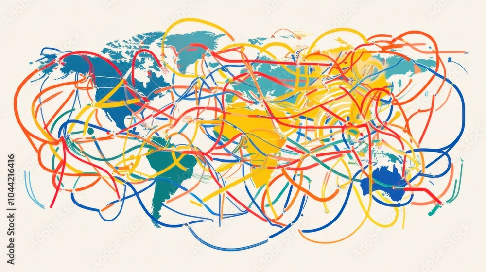 A detailed world map with multiple colorful lines linking continents ...
