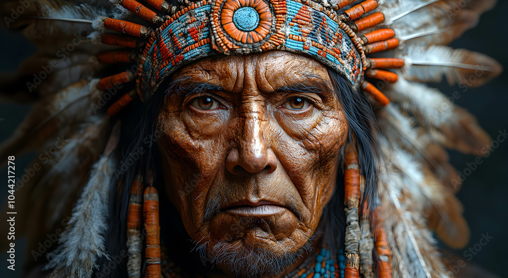 Portrait of a Native Indian man who is a chief and elder wearing a ...