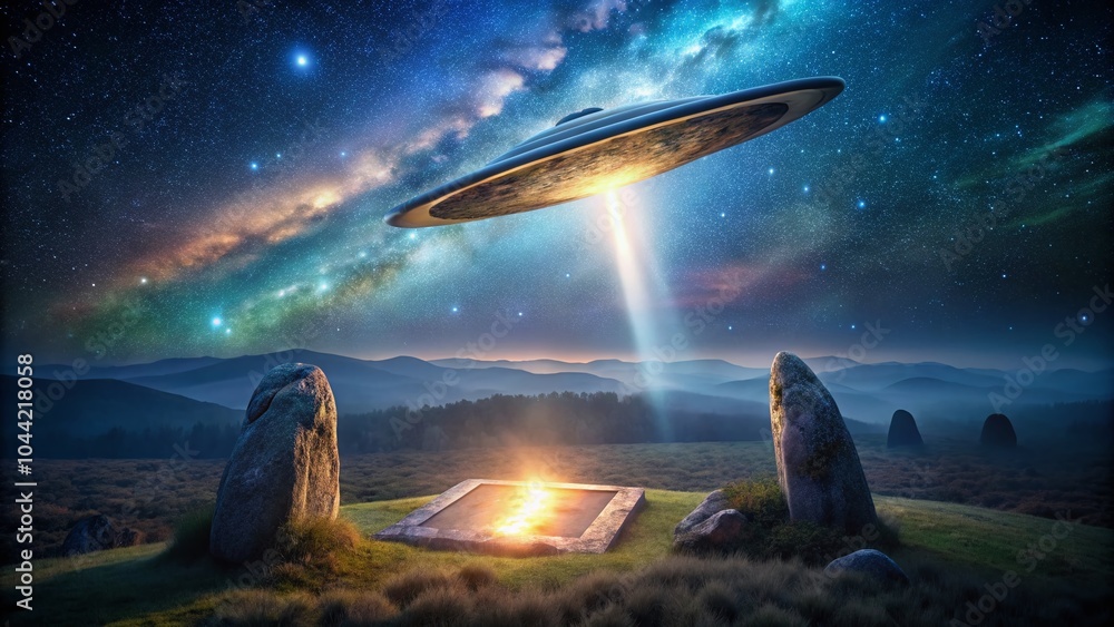 Otherworldly Scene with Glowing Stone Tablet and UFO - Drone ...