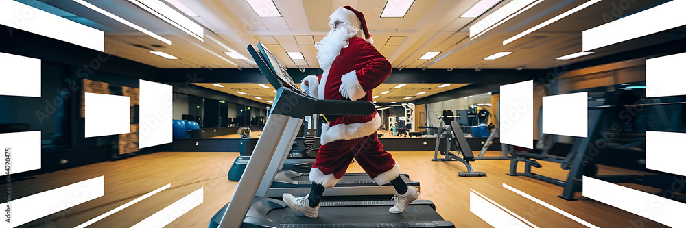 Santa Claus in red and white runs on a treadmill in a gym a funny ...
