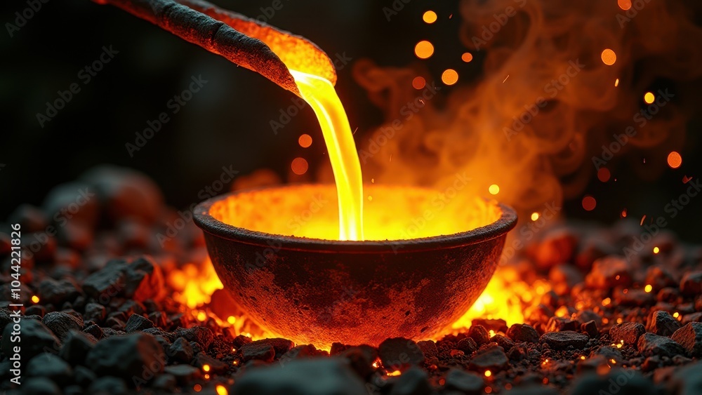 Molten metal being poured into a ladle in a foundry with glowing sparks ...