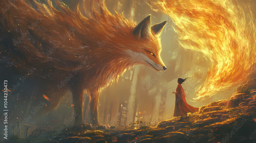 A nine-tailed fox interacting with a human character, perhaps offering ...