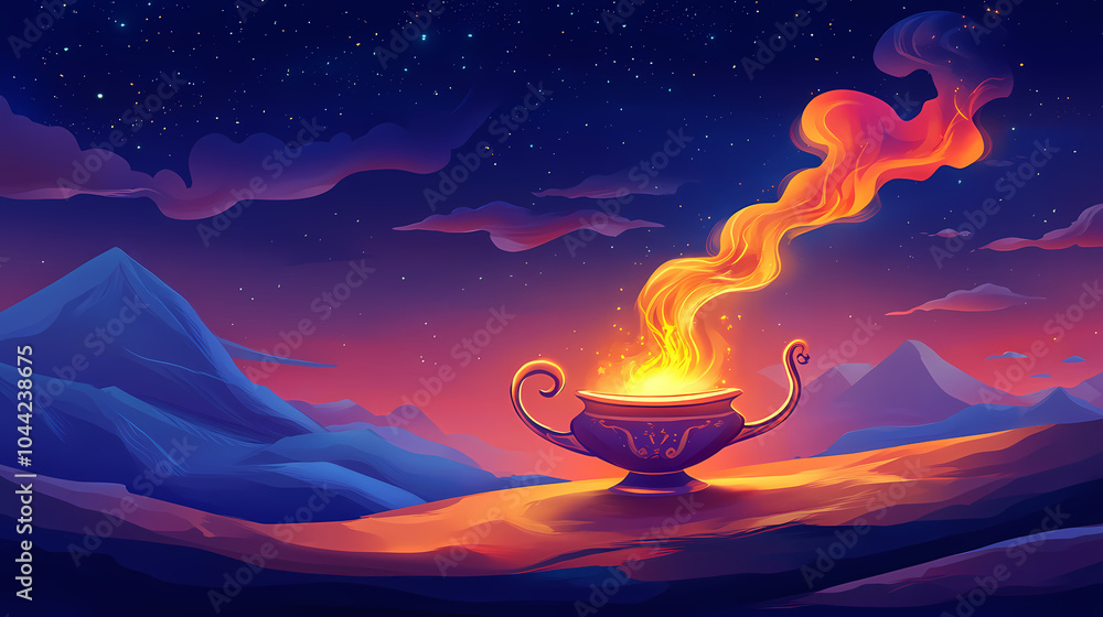 Aladdins mysterious lamp with glowing fire and smoke on magical night ...
