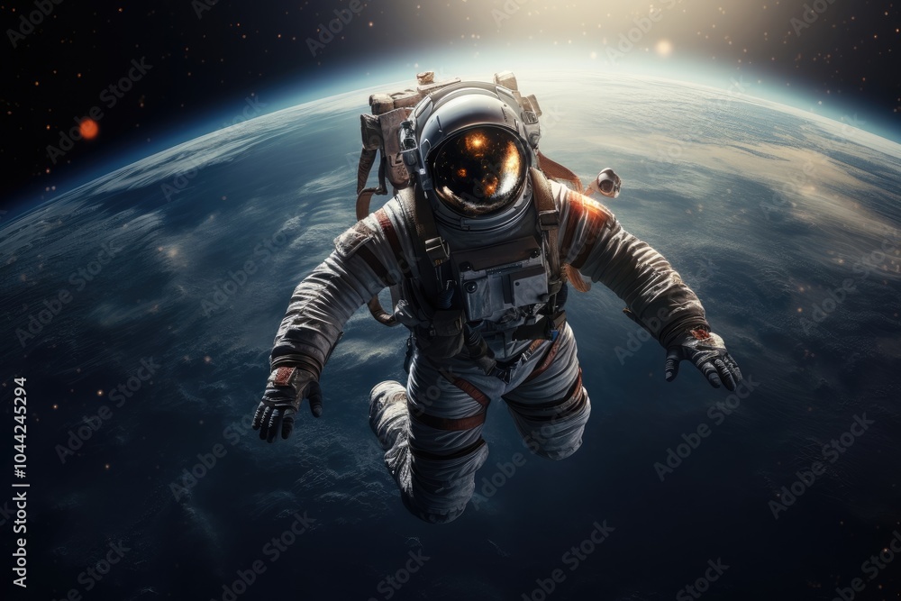 Foto de Astronaut floating outside a spaceship in outer space. Man in ...