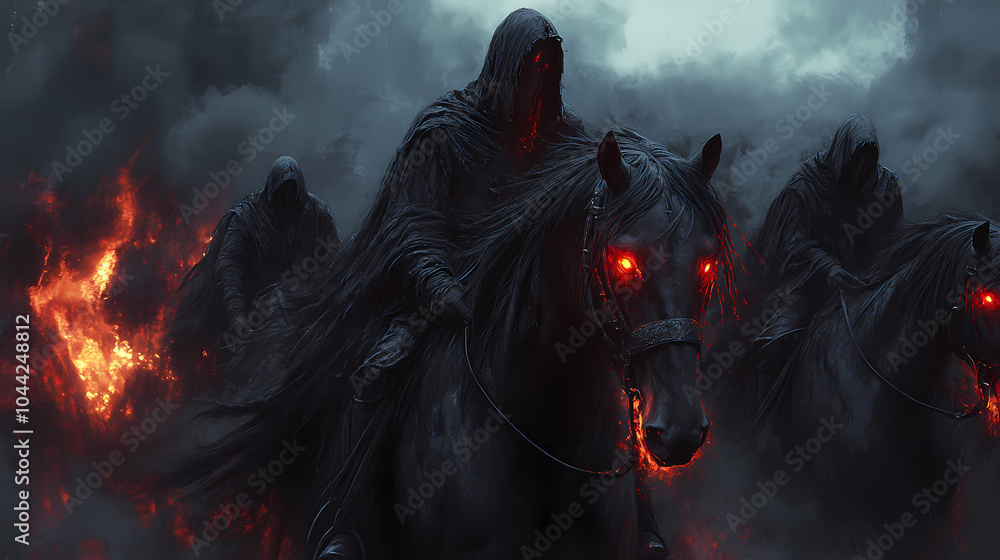 Dark hooded riders on black horses with glowing red eyes, fire and ...