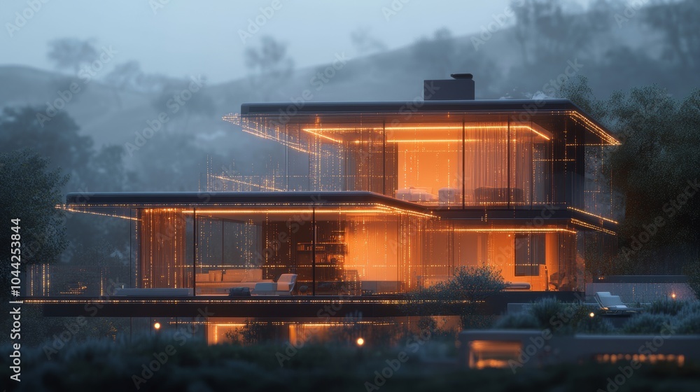 Transparent 3D model of a smart home on a dark background, glowing ...