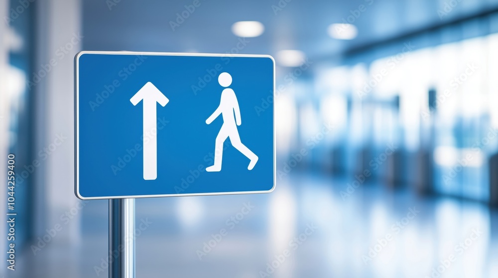 Directional sign indicating a pedestrian pathway in a modern building ...