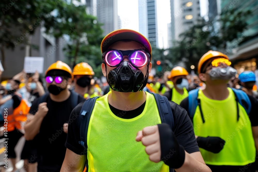 Cyberpunk protest filled with anger and hatred, with neon-lit signs and ...