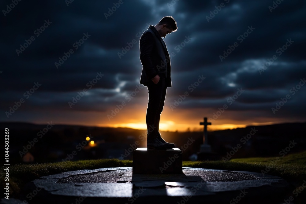 A person standing in front of a gravestone, with a quiet expression ...