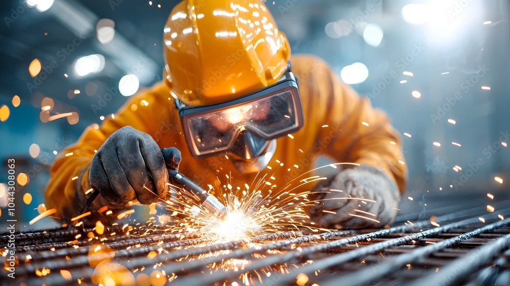 Underwater diver wearing scuba gear welds a large metal gate sending ...