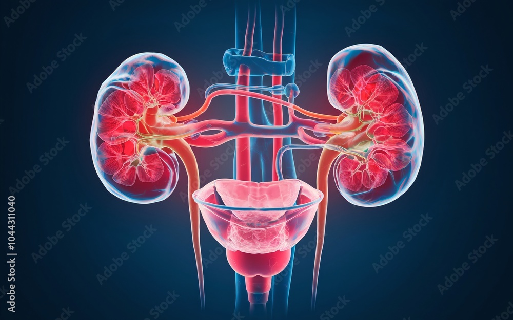 3D illustration of the human urinary system, showing the kidneys ...
