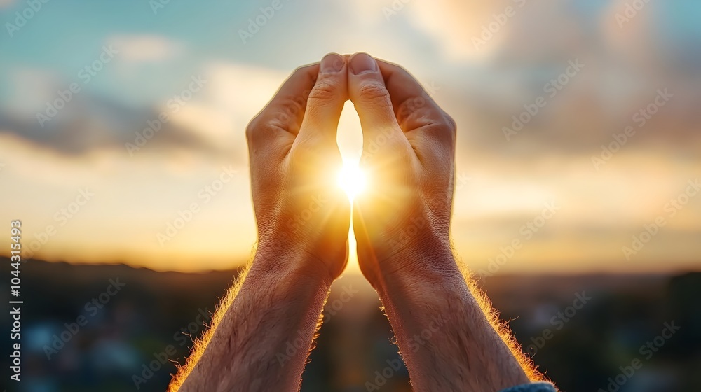 Dramatic silhouette of crossed hands raised high against the vibrant ...