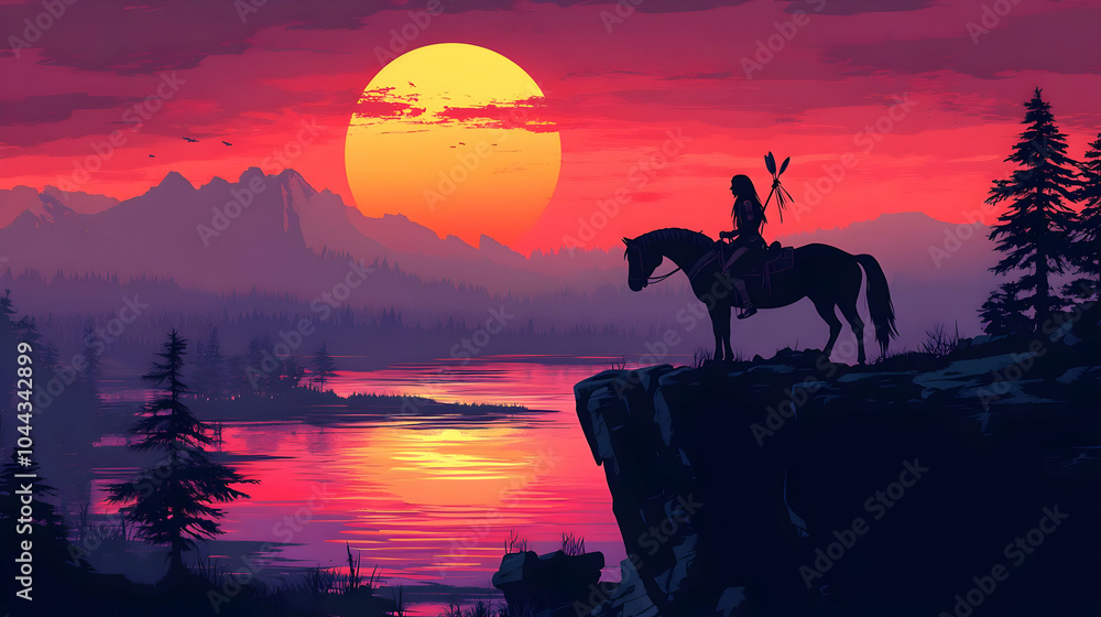 Silhouette of a Native American on Horseback at Sunset, Native American ...