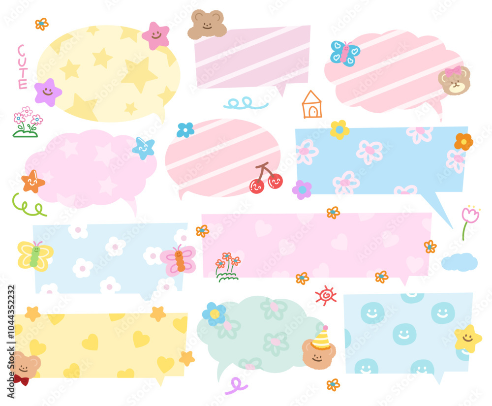 Cute text bubbles with teddy bear, butterfly, heart, star, flowers for ...