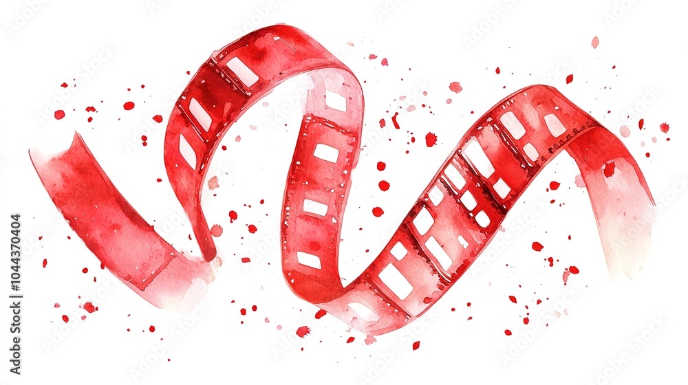 Vibrant red film strip elegantly shaped in an S curve, set against a ...