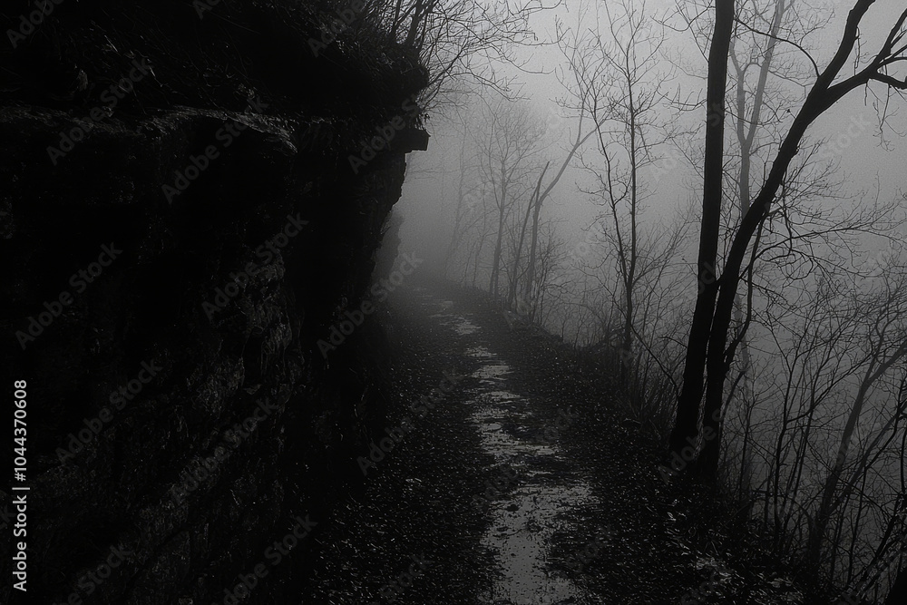 misty forest path surrounded by shadowy trees creates eerie atmosphere ...