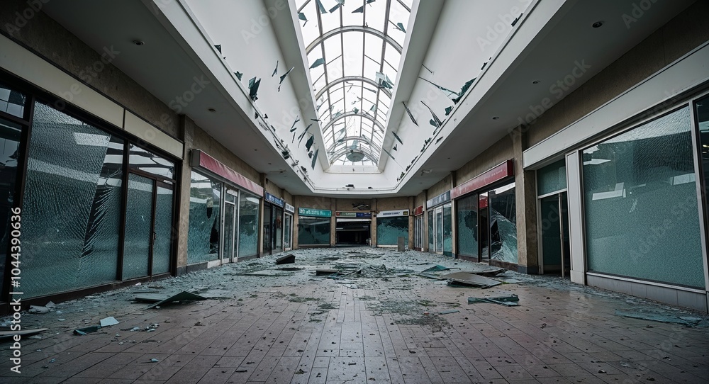 Empty shopping mall with shattered glass and abandoned storefronts ...