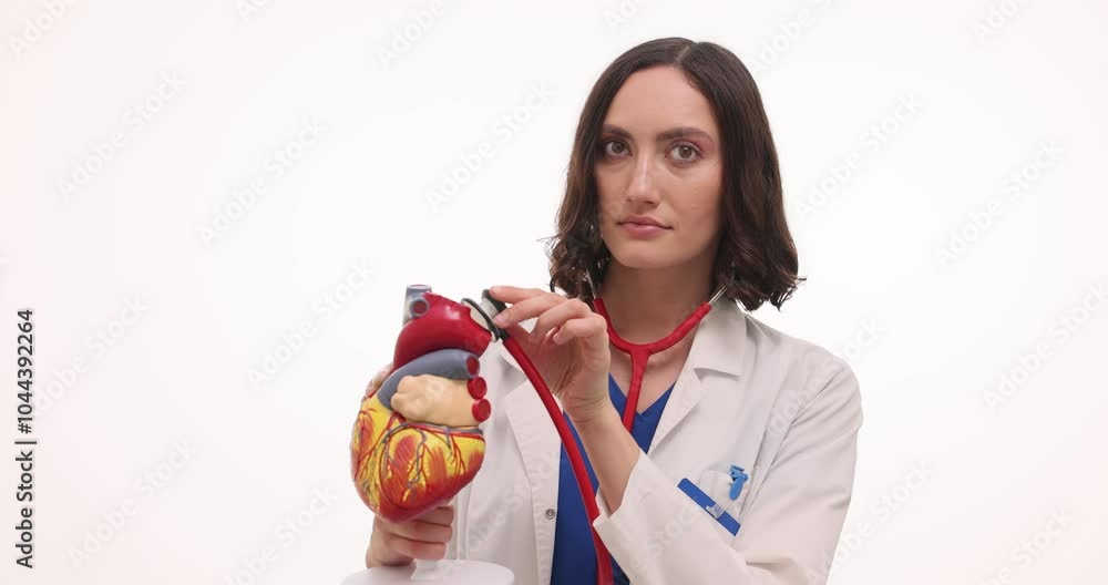 Woman doctor uses stethoscope listening heart on model on white ...