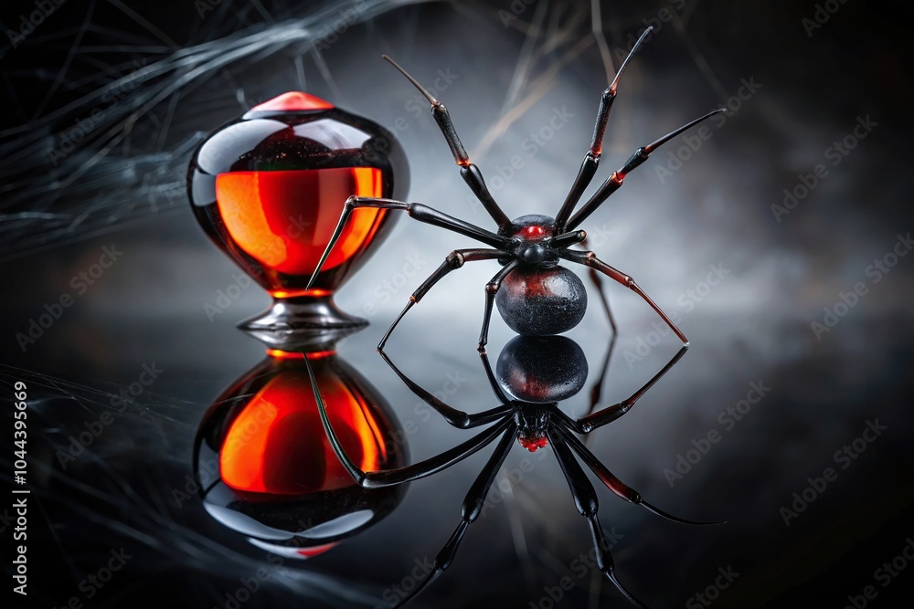 Red Hourglass of a Black Widow Spider Reflected on a Surface Stock ...