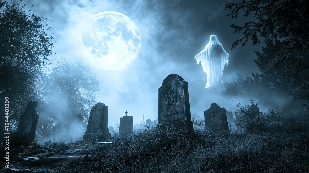 A foggy graveyard with old, crumbling tombstones. A ghostly figure in white floats above one of ...