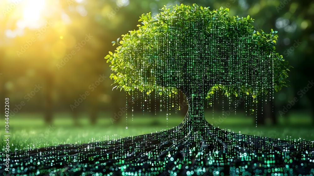 Binary code transforming into a growing tree representing the merger of ...